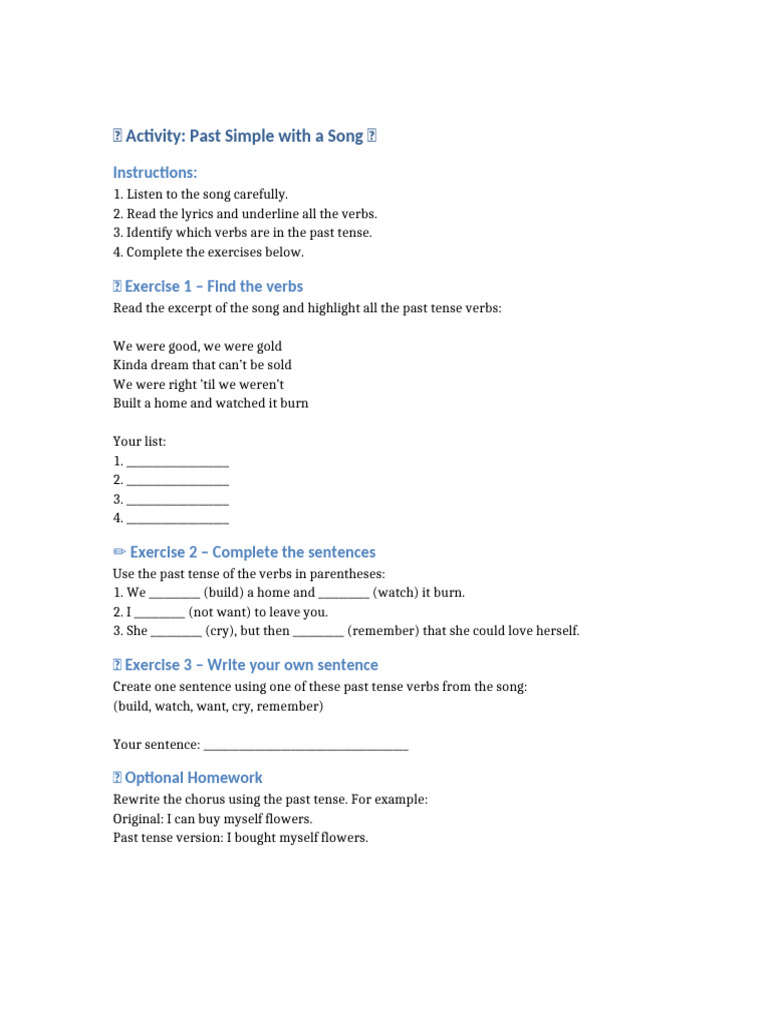 Past Simple Verbs Activity with Song | PDF