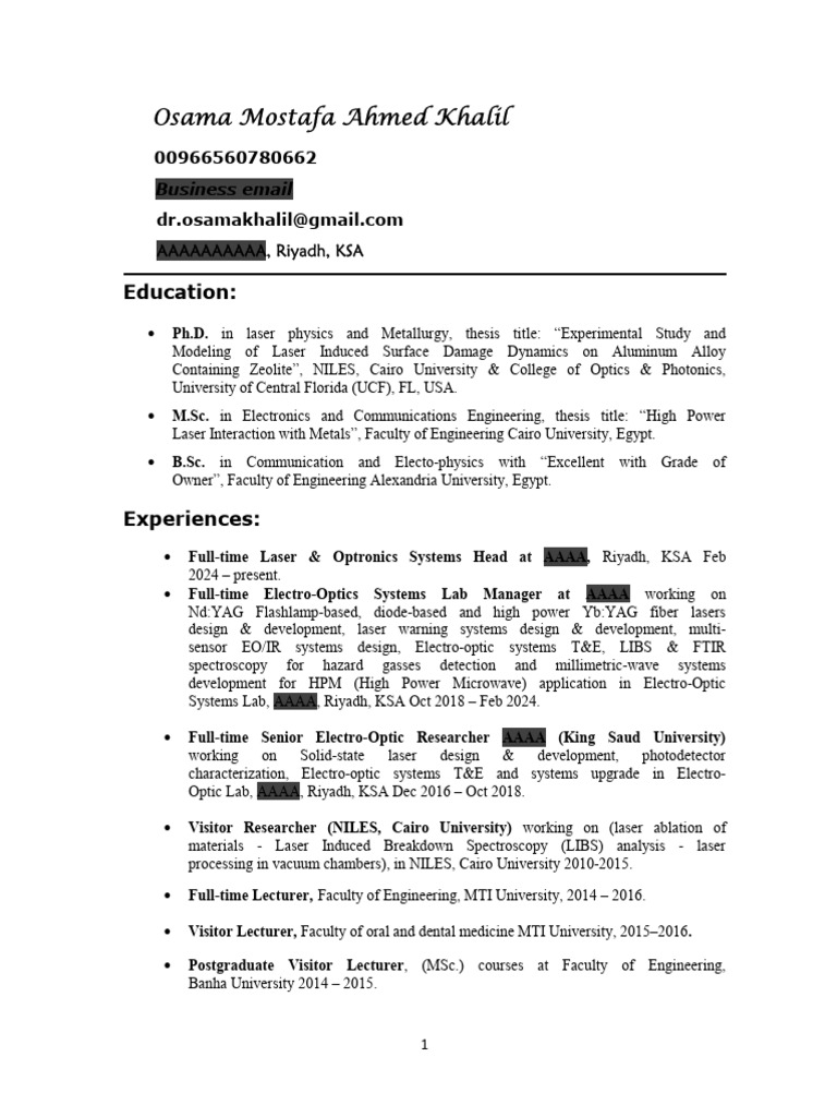 Osama Khalil - CV 2024-V2 As Template For M Nabil | PDF | Laser | Spie
