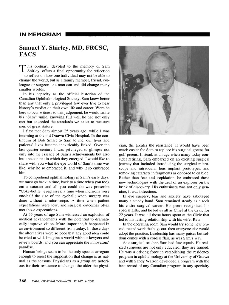 Samuel Y. Shirley, MD, FRCSC, FACS Jcjo | PDF | Ophthalmology | Health Care