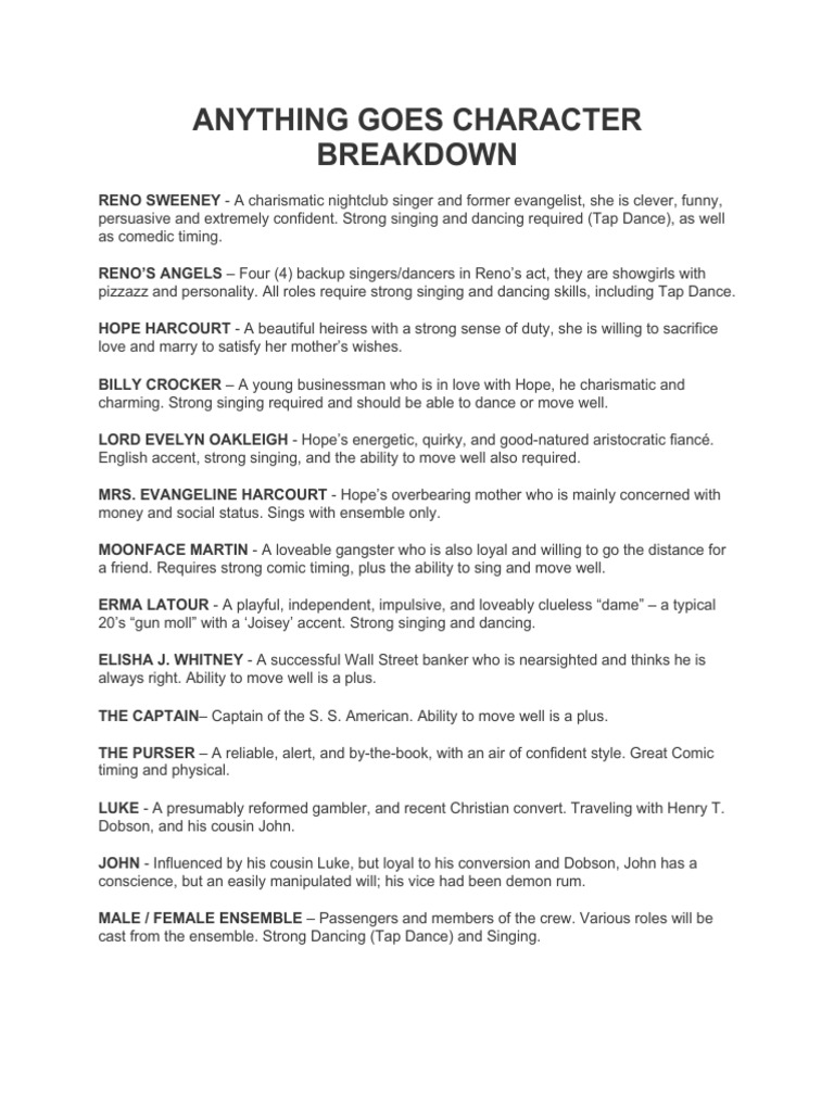 Anything Goes Character Breakdown | PDF