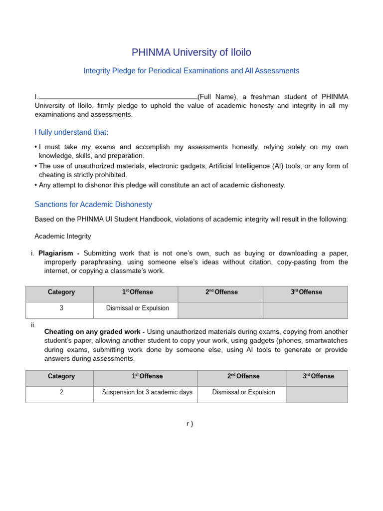 PHINMA UI Integrity Pledge All Assessments | PDF | Academic Dishonesty ...