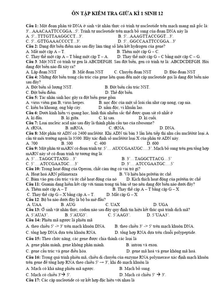 Ôn Tập Kiểm Tra Giữa Kì 1 Sinh 12 | PDF