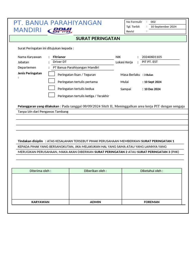 Formulir Surat Peringatan | PDF