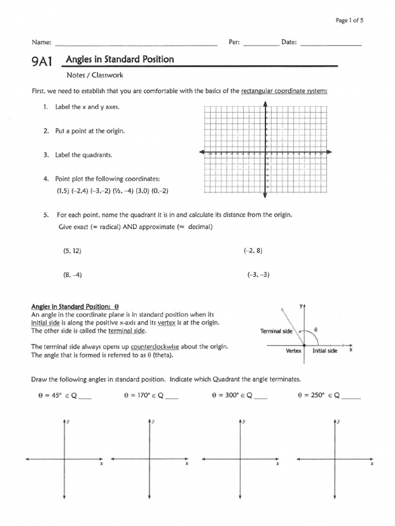 9a1 Angles in Standard Position Packet | PDF