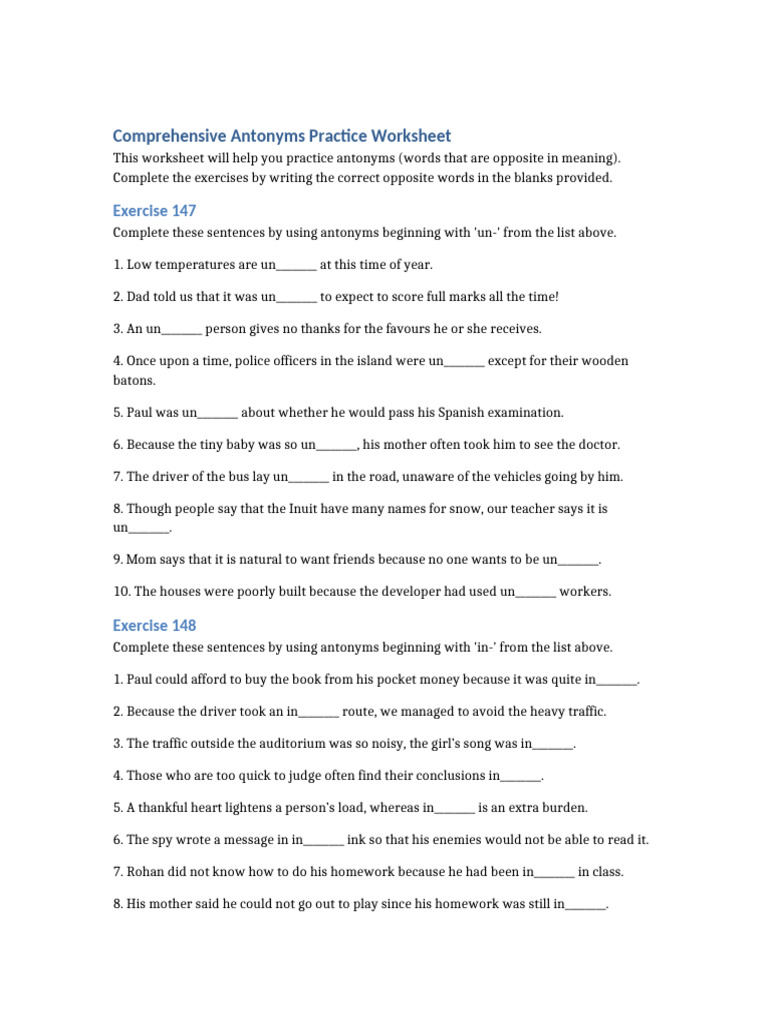 Antonyms Practice Worksheet | PDF