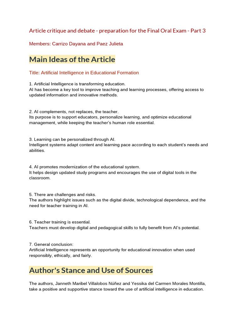 Article Critique and Debate - Preparation For The Final Oral Exam ...