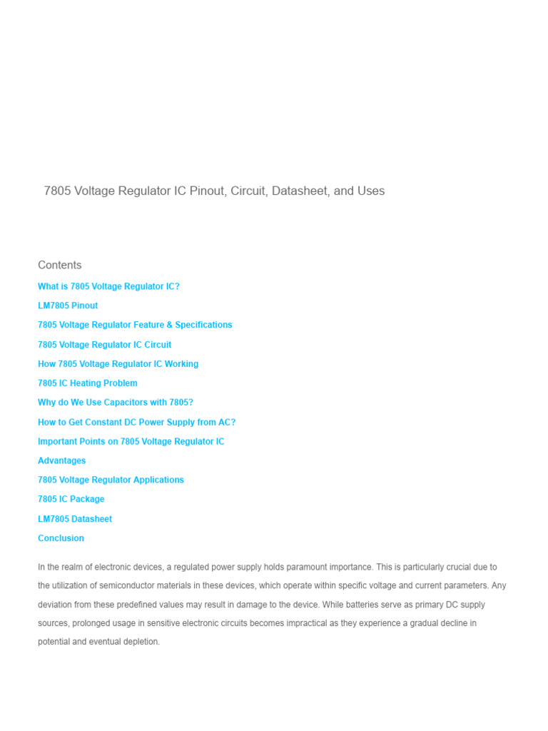 7805 Voltage Regulator IC Pinout, Circuit, Datasheet, and Uses | PDF | Rectifier | Power Supply