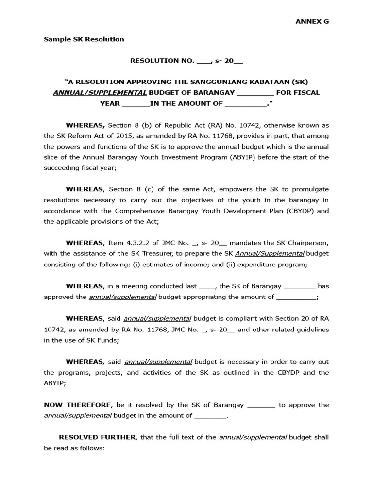 Annex G Sample-SK Resolution | PDF | Budget | Government