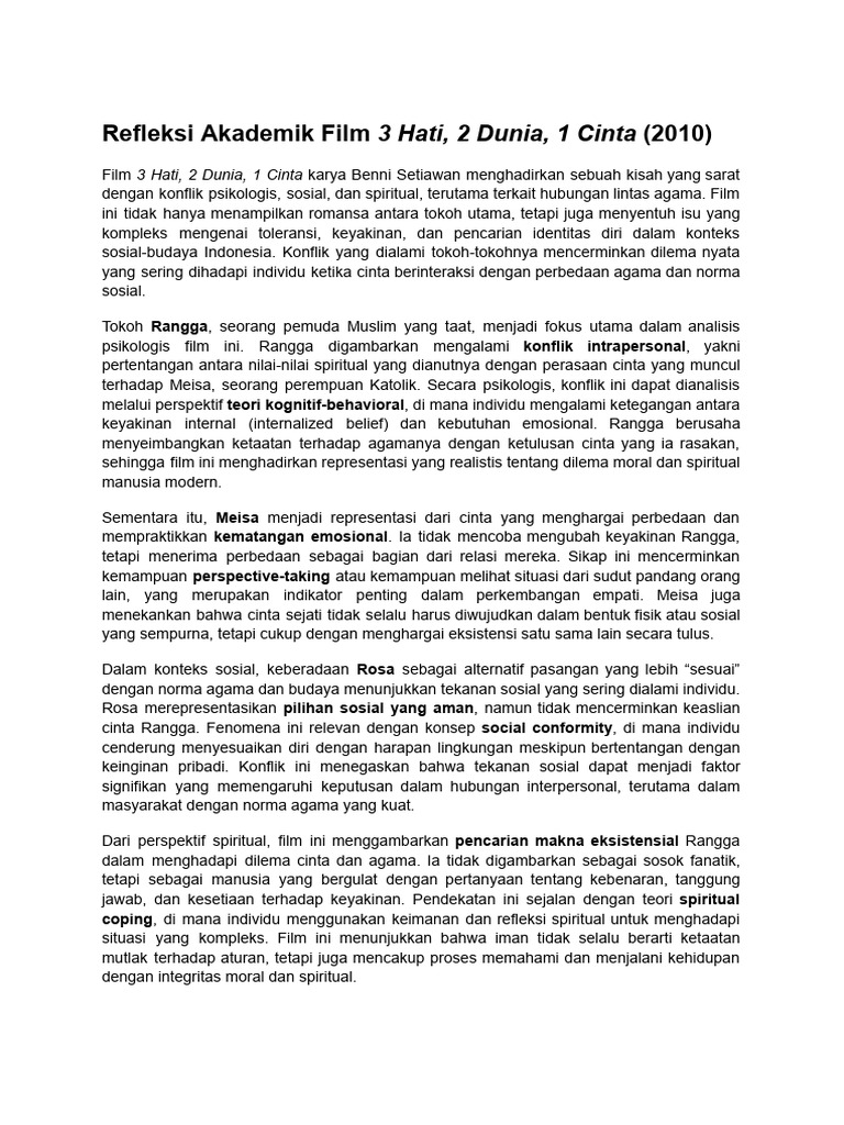 Refleksi Akademik Film 3 Hati, 2 Dunia, 1 Cinta (2010) | PDF
