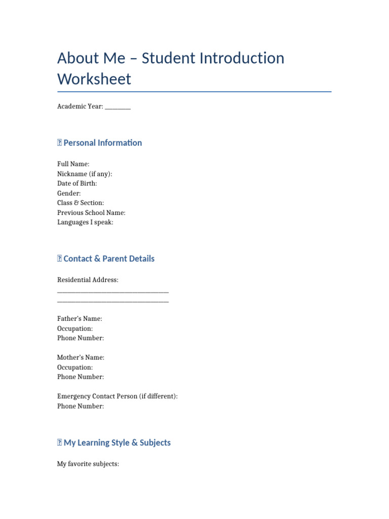 About Me Student Worksheet | PDF