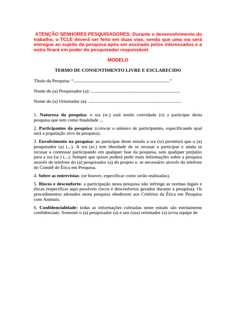 Modelo Tcle | PDF | Consentimento Livre e Esclarecido