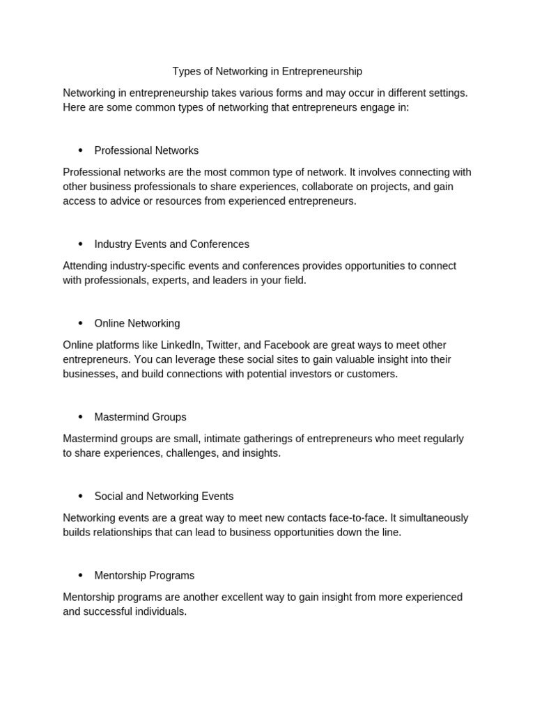 Networking Types for Entrepreneurs | PDF