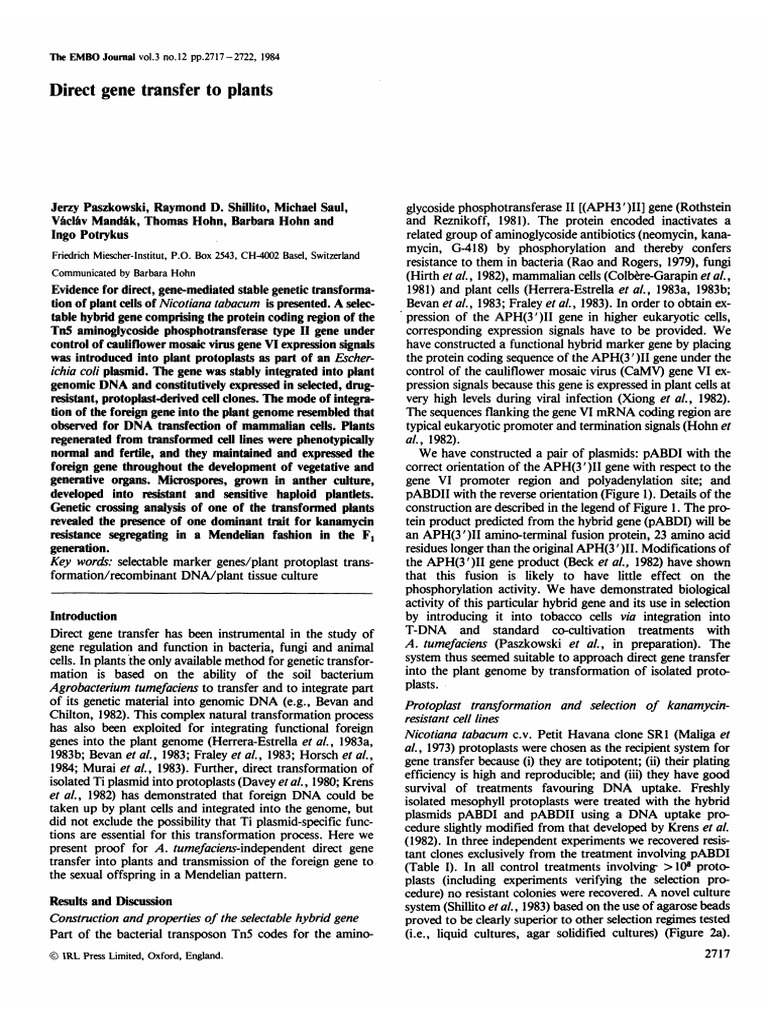 The EMBO Journal - 1984 - Paszkowski - Direct Gene Transfer To Plants ...