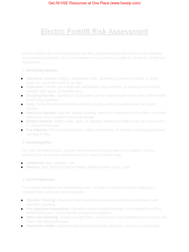 Electric Forklift Safety Assessment Guide | PDF | Forklift | Hazards