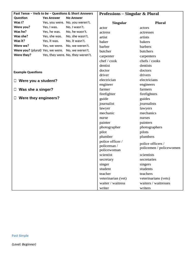 Past Tense: "To Be" Questions Guide | PDF | Linguistics | Grammar