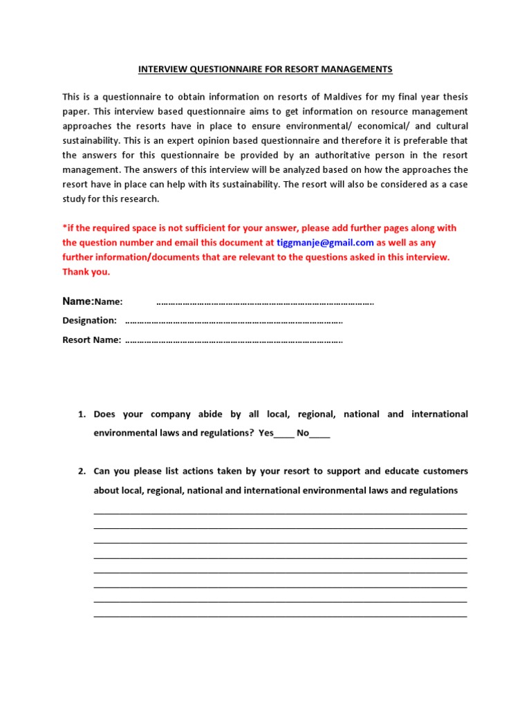 Interview Questionnaire for Resort Managements | Sustainability | Tourism
