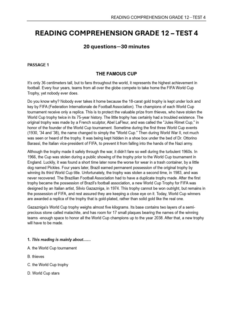 Grade 12 Reading Comprehension Test 4 | PDF | Fifa World Cup