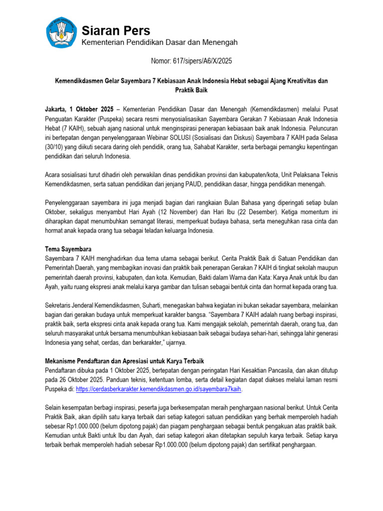 Siaran Pers 617 - Kemendikdasmen Gelar Sayembara 7 Kebiasaan Anak Indonesia Hebat Sebagai Ajang ...