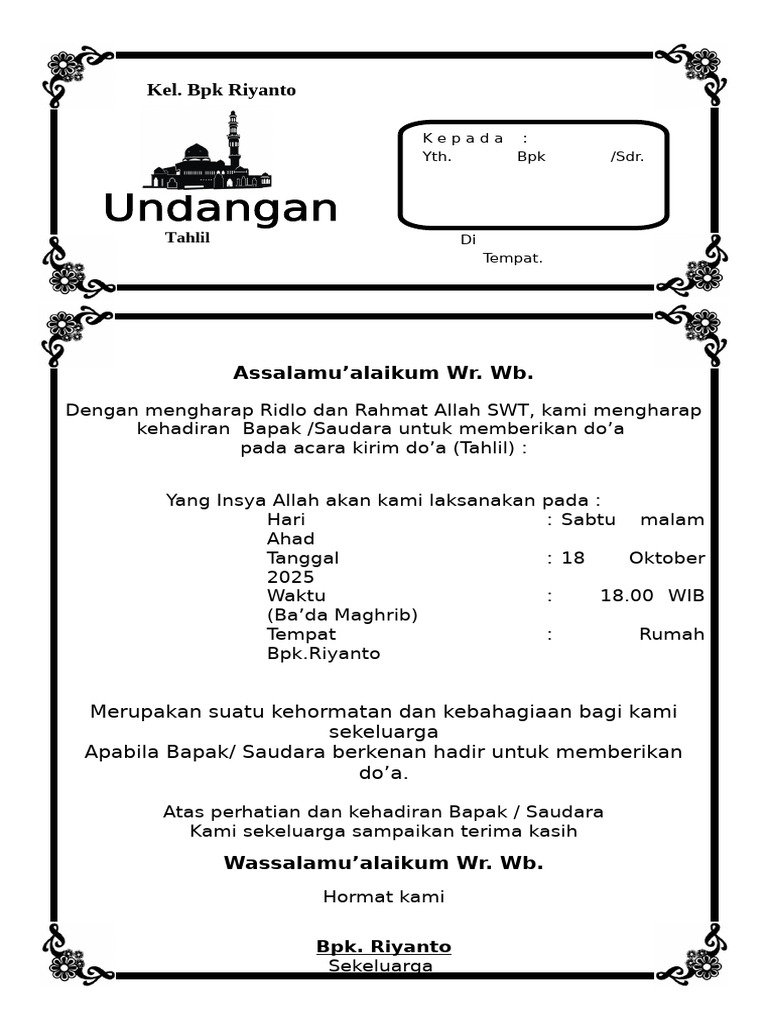 Undangan Tahlil Keluarga Bpk Riyanto | PDF