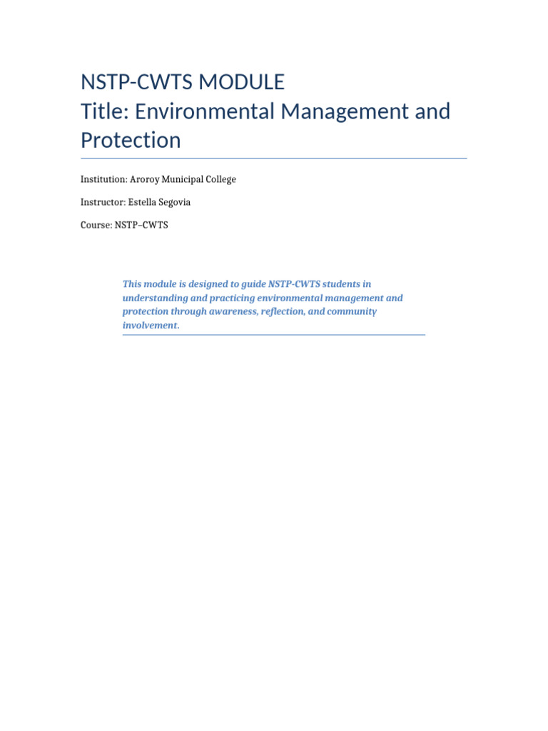 NSTP CWTS Module Environmental Management Aroroy Municipal College | PDF | Environmental ...