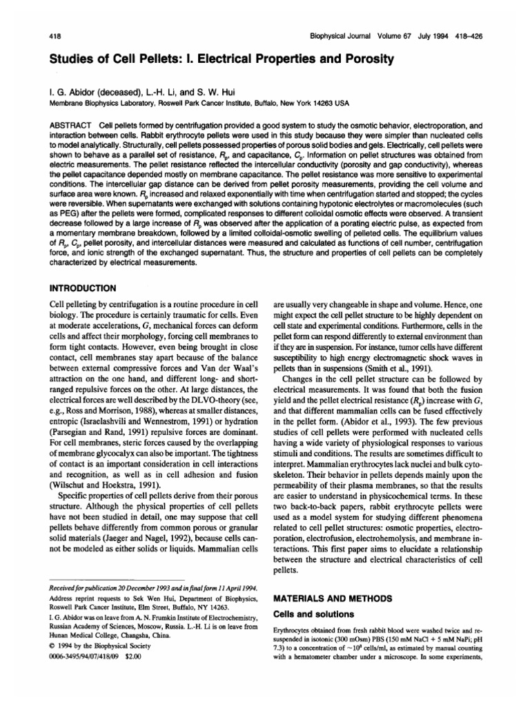 Studies of Cell Pellets I. Electrical Properties and Porosity | PDF ...