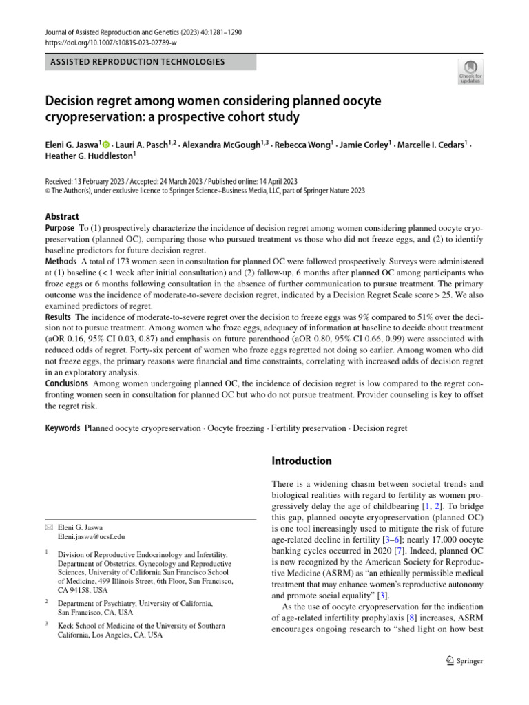 Decision Regret Among Women Considering Planned Oocyte Cryopreservation ...