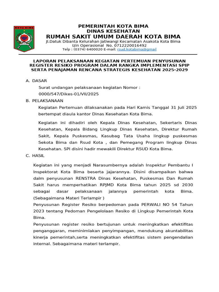 Laporan Pertemuan Penyusunan Register Risiko Bima | PDF