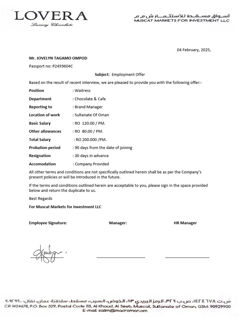 Jovelyn Offer Letter | PDF