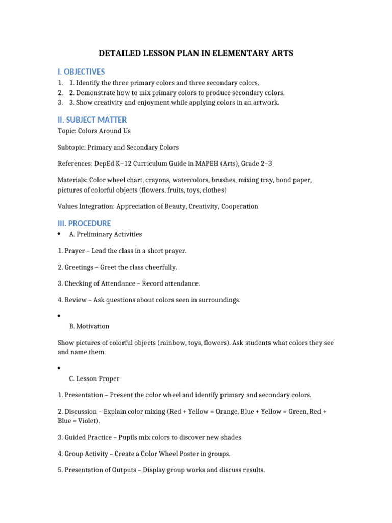 Detailed Lesson Plan Arts Elementary A4 | PDF