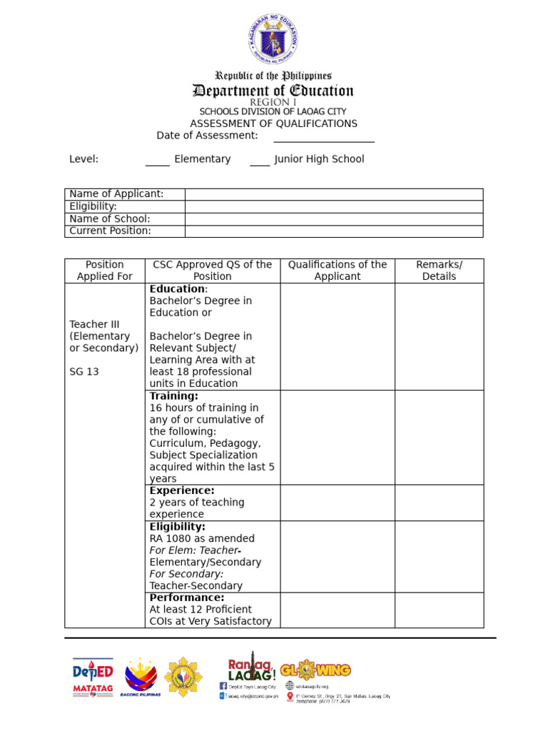 Teacher Qualifications Assessment Form | PDF | Intelligence ...