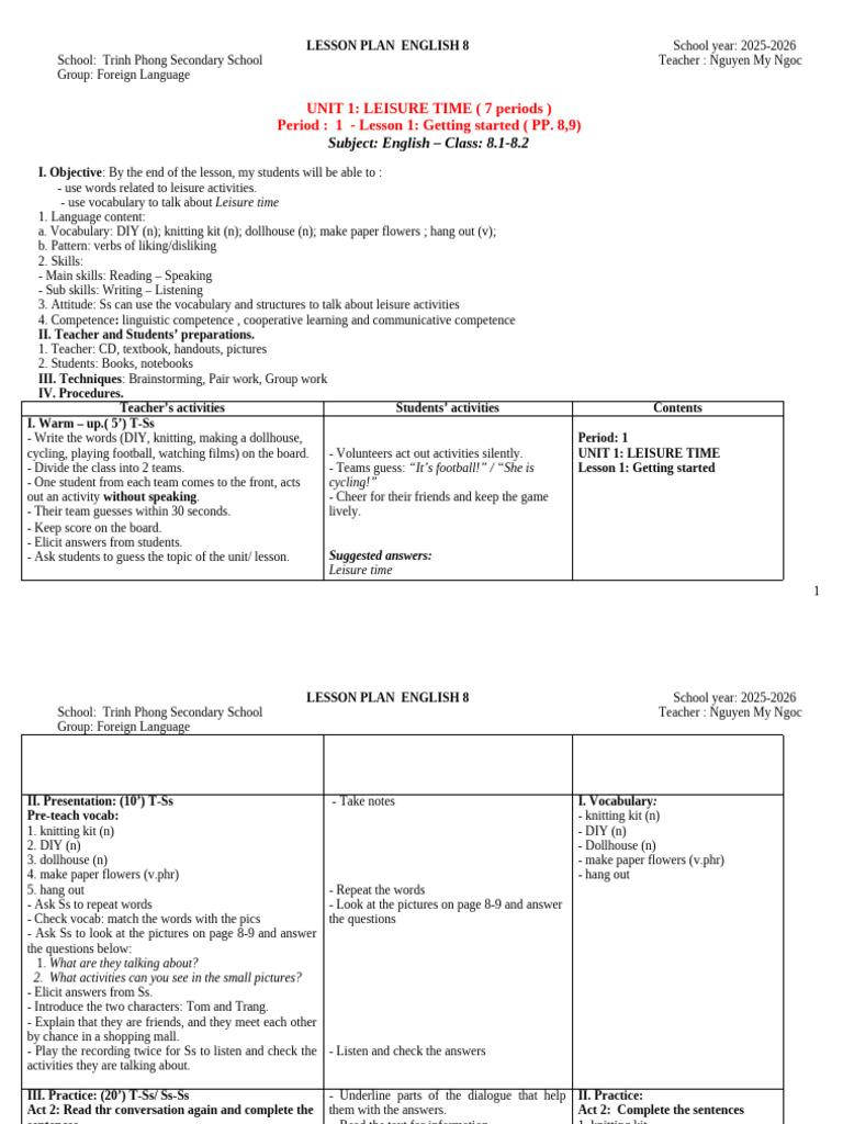 U1. G8 Global Lesson Plan | PDF | English Language | Vocabulary