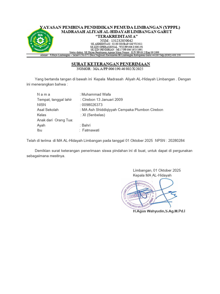 Surat Diterima M.wafa | PDF