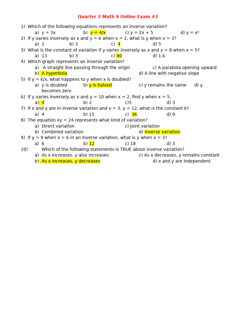 Inverse Variation Quiz Grade9 | PDF