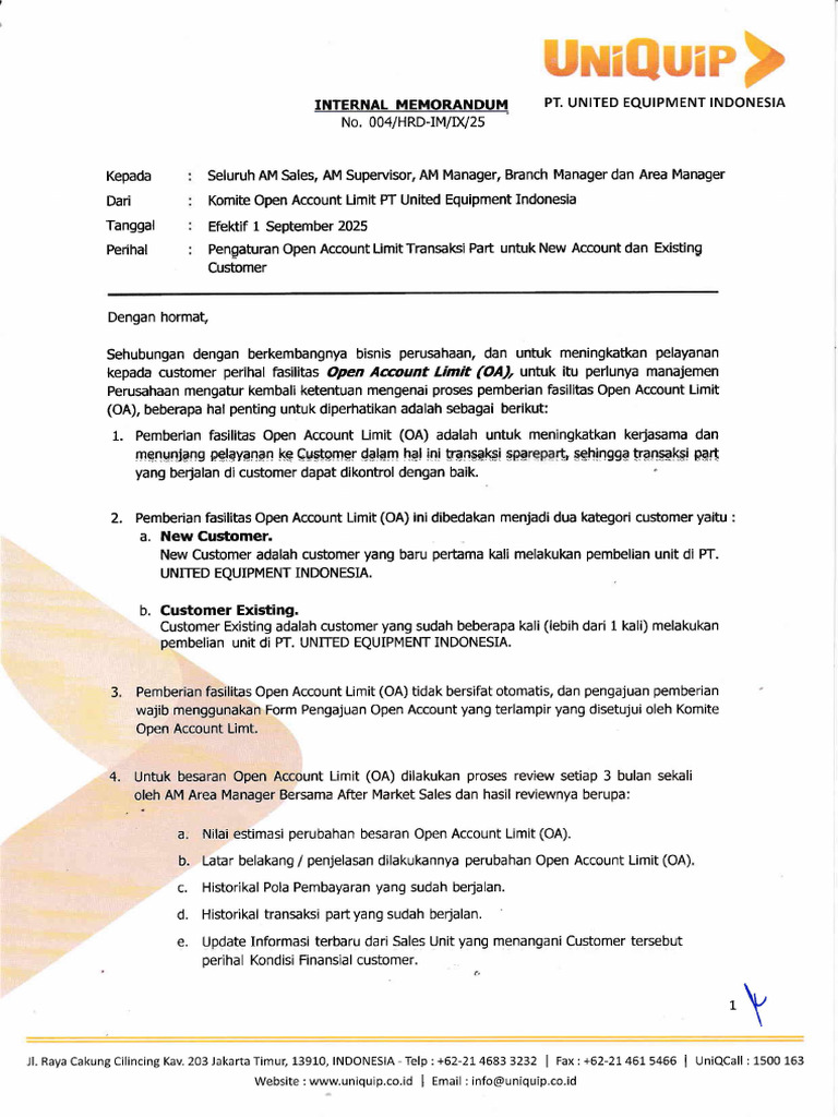 Internal Memorandum Open Account Limit 2025 | PDF