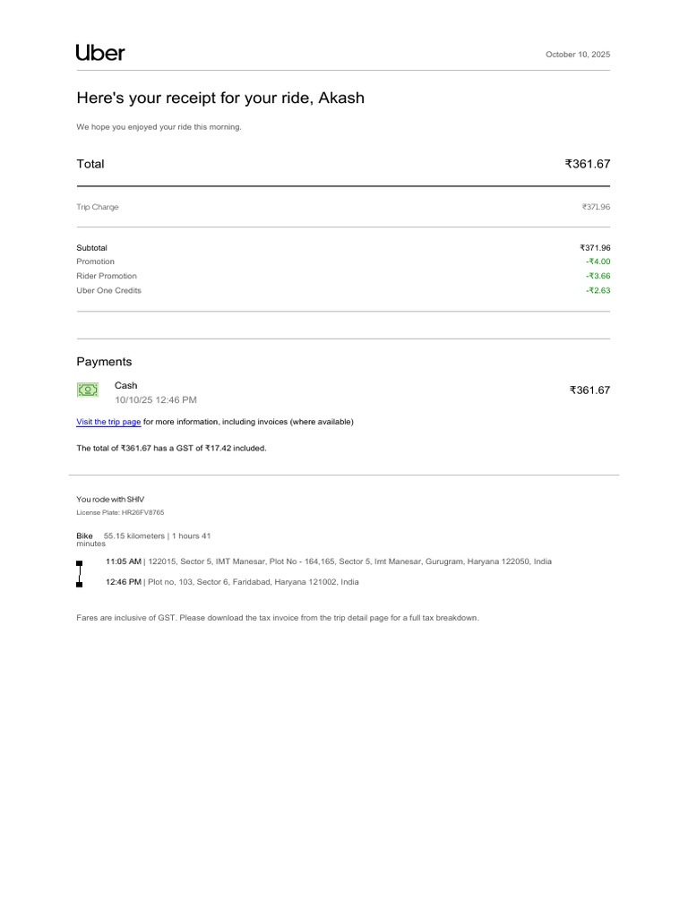 Uber Ride Receipt for Akash - ₹361.67 | PDF