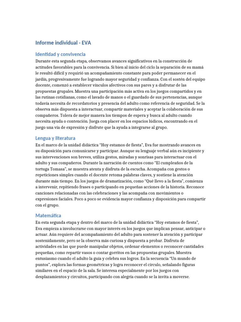 Informe de avances de Eva en el jardín | PDF