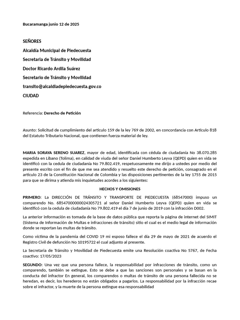 Derecho de Peticion Piedecuesta Daniel Leyva | PDF | Estatuto de ...