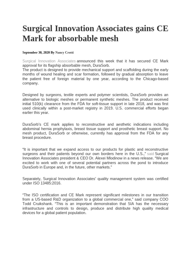 Surgical Innovation Associates Gains CE Mark For Absorbable Mesh | PDF