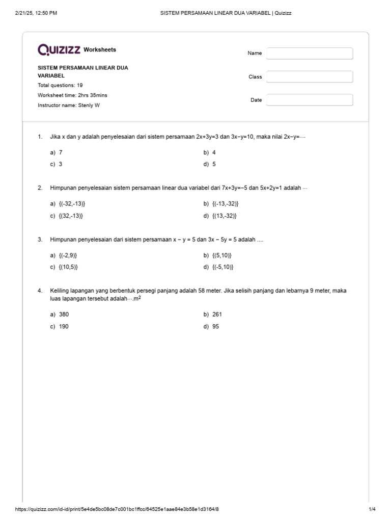 Latihan Sistem Persamaan Linear 2 Variabel | PDF