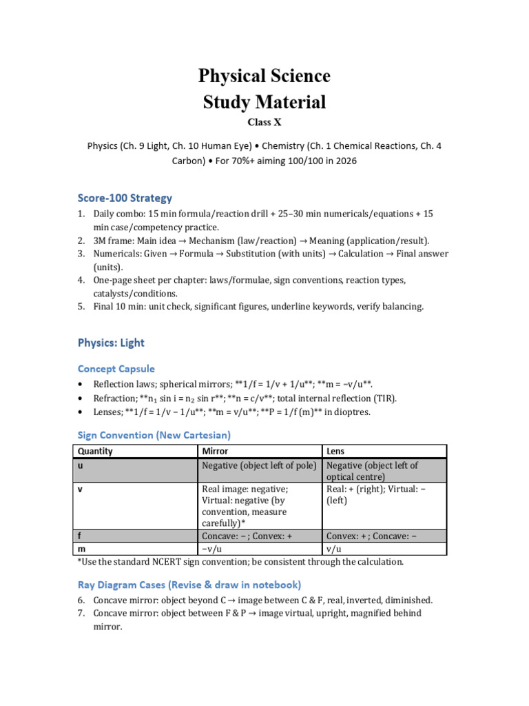 Class10 PhysicalScience Study Material | PDF | Chemistry | Light
