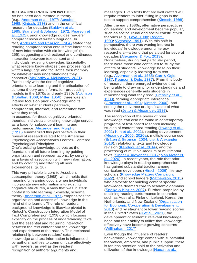 Activating Prior Knowledge | PDF | Reading Comprehension | Learning