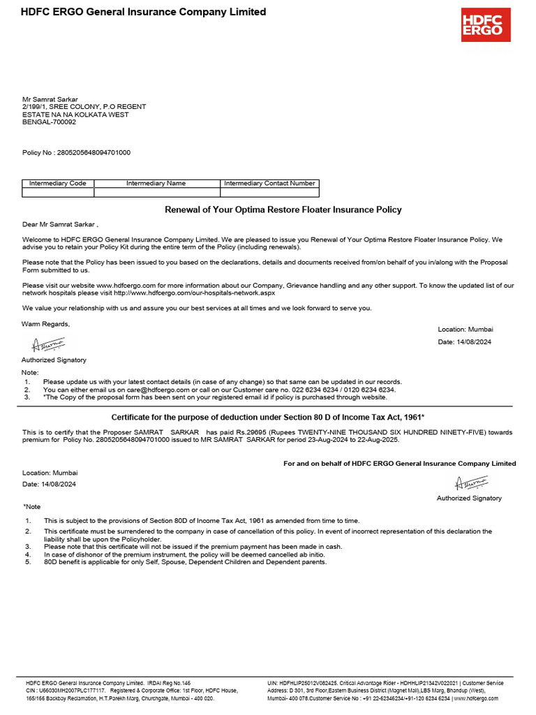 HDFC Ergo Policy 2805205648094701000 | PDF | Obesity | Insurance