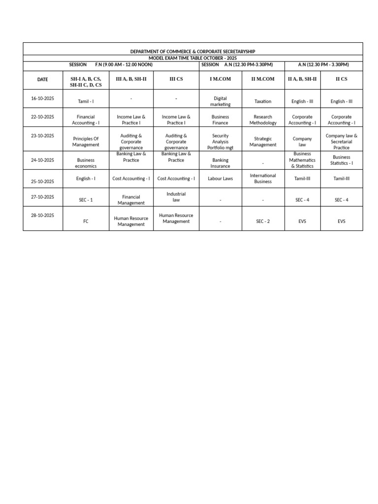 Model Exam Time Table Oct 2025 Latest | PDF | Accounting | Economics