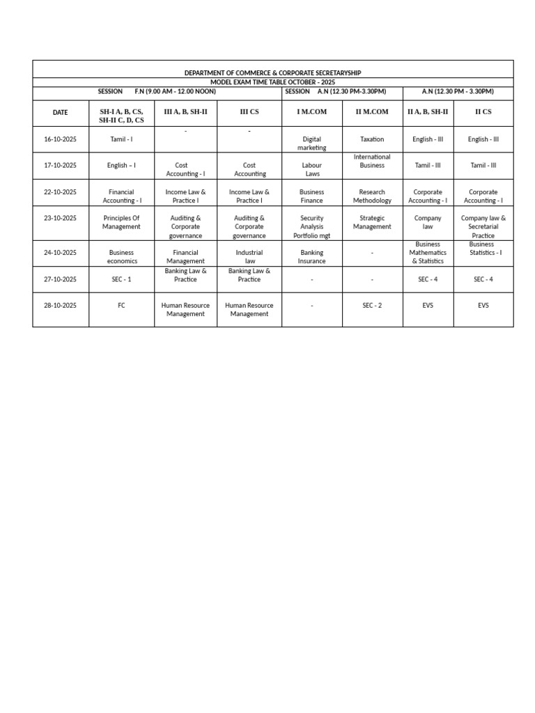 October 2025 Exam Timetable for Commerce | PDF | Accounting | Economics