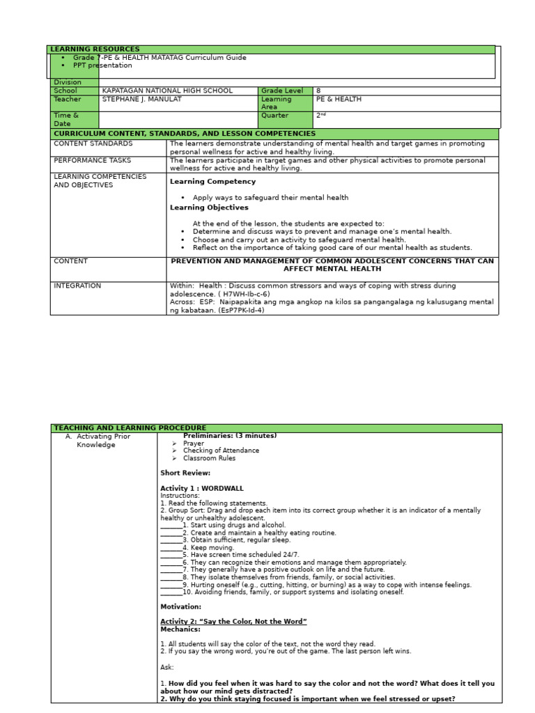 Demo 2nd Quarter For Reclassification | PDF | Mental Health | Learning