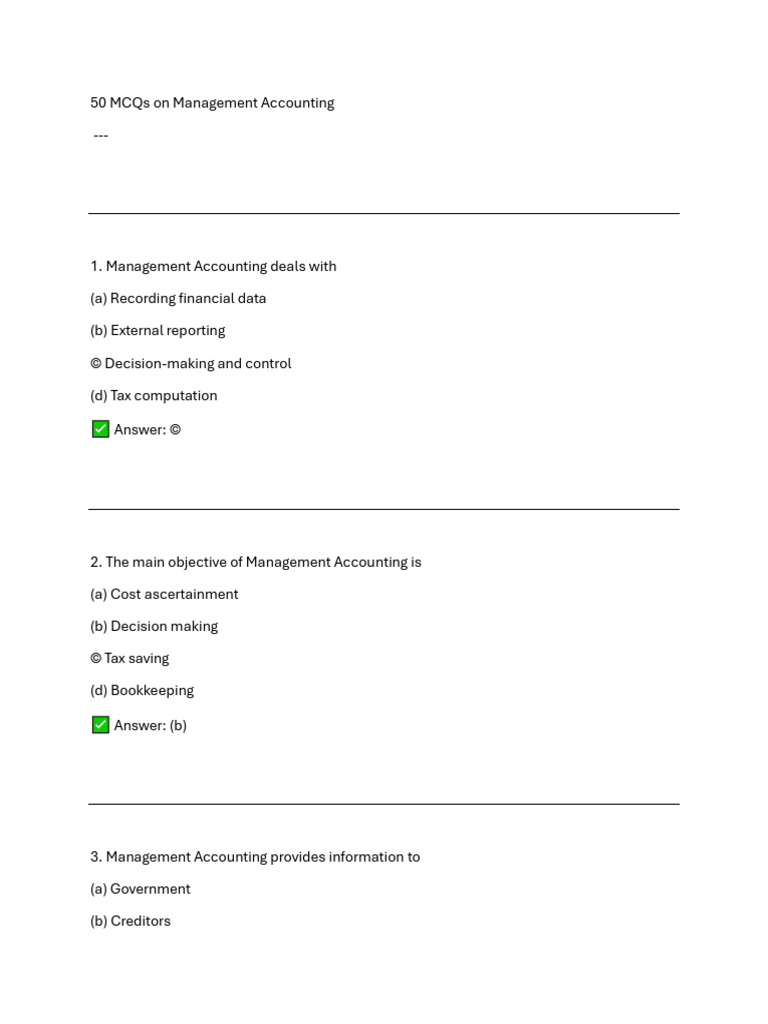Management Accounting MCQs Overview | PDF | Accounting | Budget