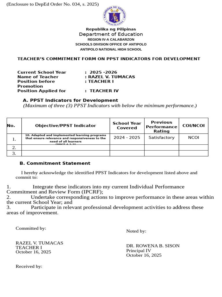 Teacher's Commitment Form On PPST | PDF