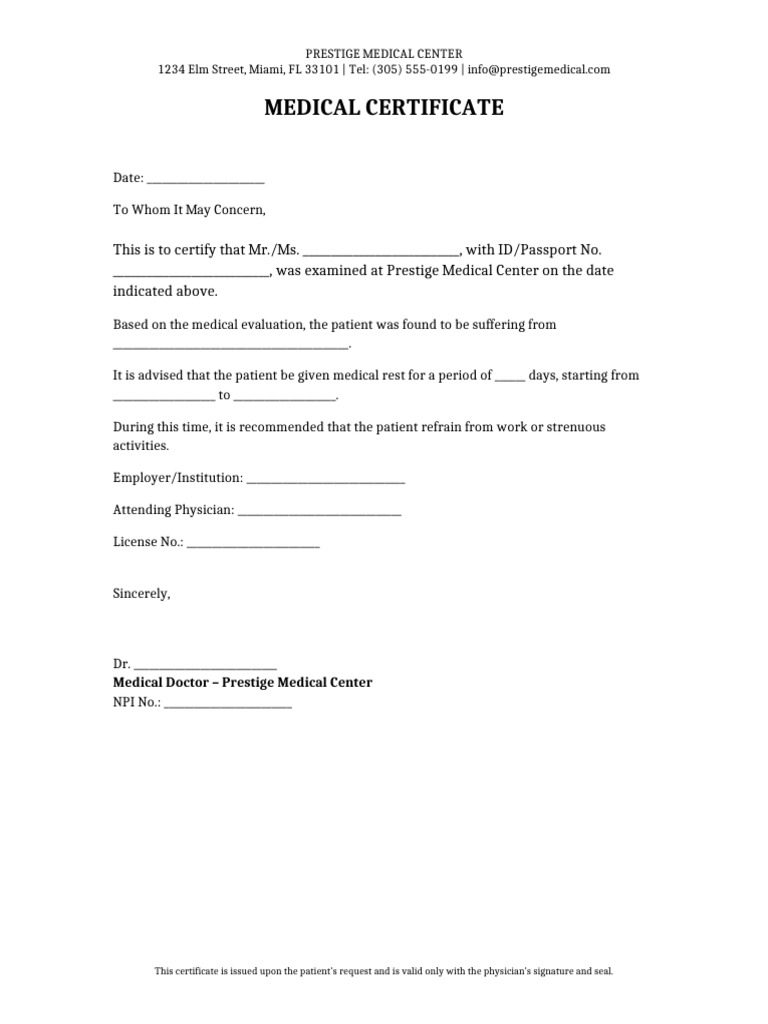 Medical Certificate Template - Prestige Medical | PDF