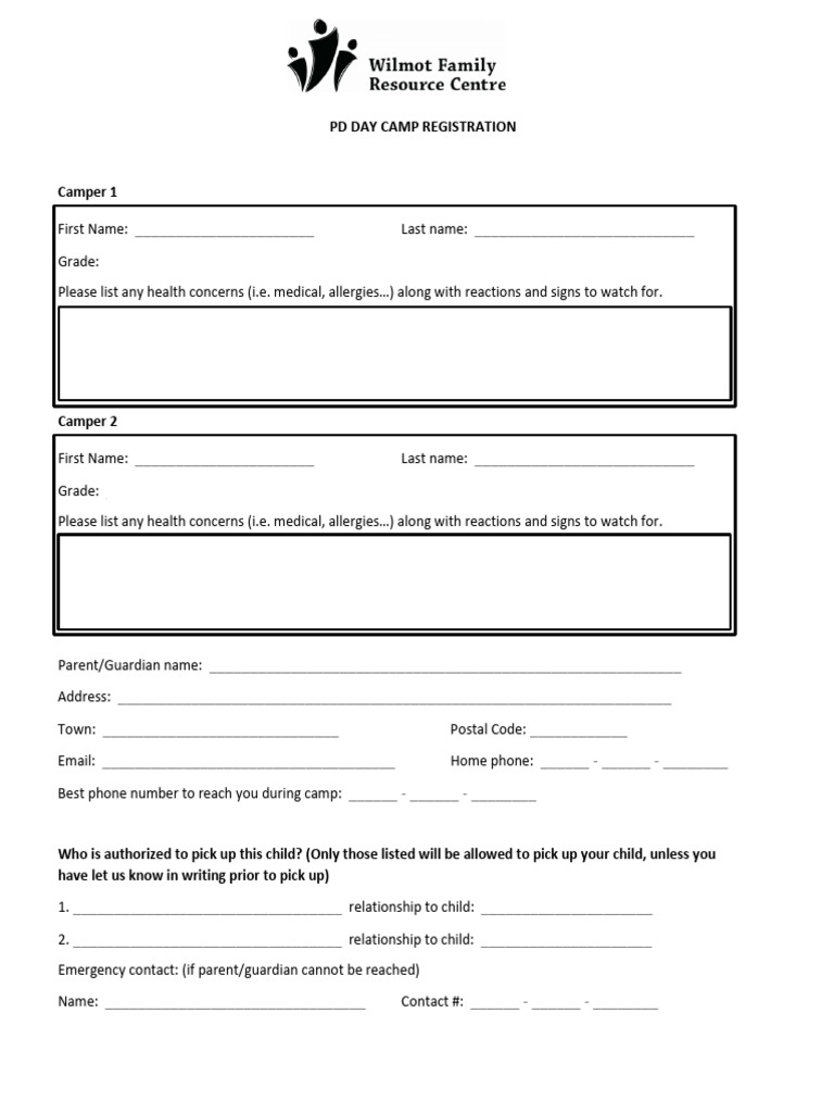 PD Day Camp Registration Form | PDF | Cheque