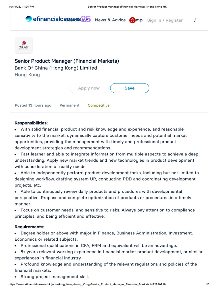 Senior Product Manager (Financial Markets) - Hong Kong HK | PDF | Banks ...